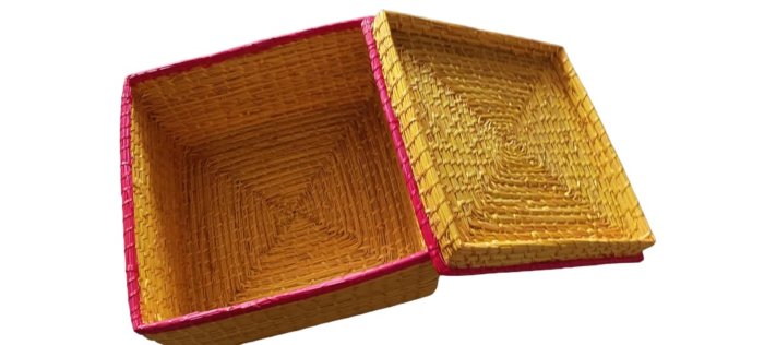 Handcrafted Yellow Sikki Grass Box with Red Strip - Eco-Friendly and ...