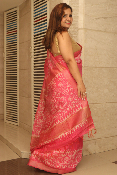 Pink Kota Mangalgiri Silk Saree with Discharge Print | Bhagalpur Silk ...