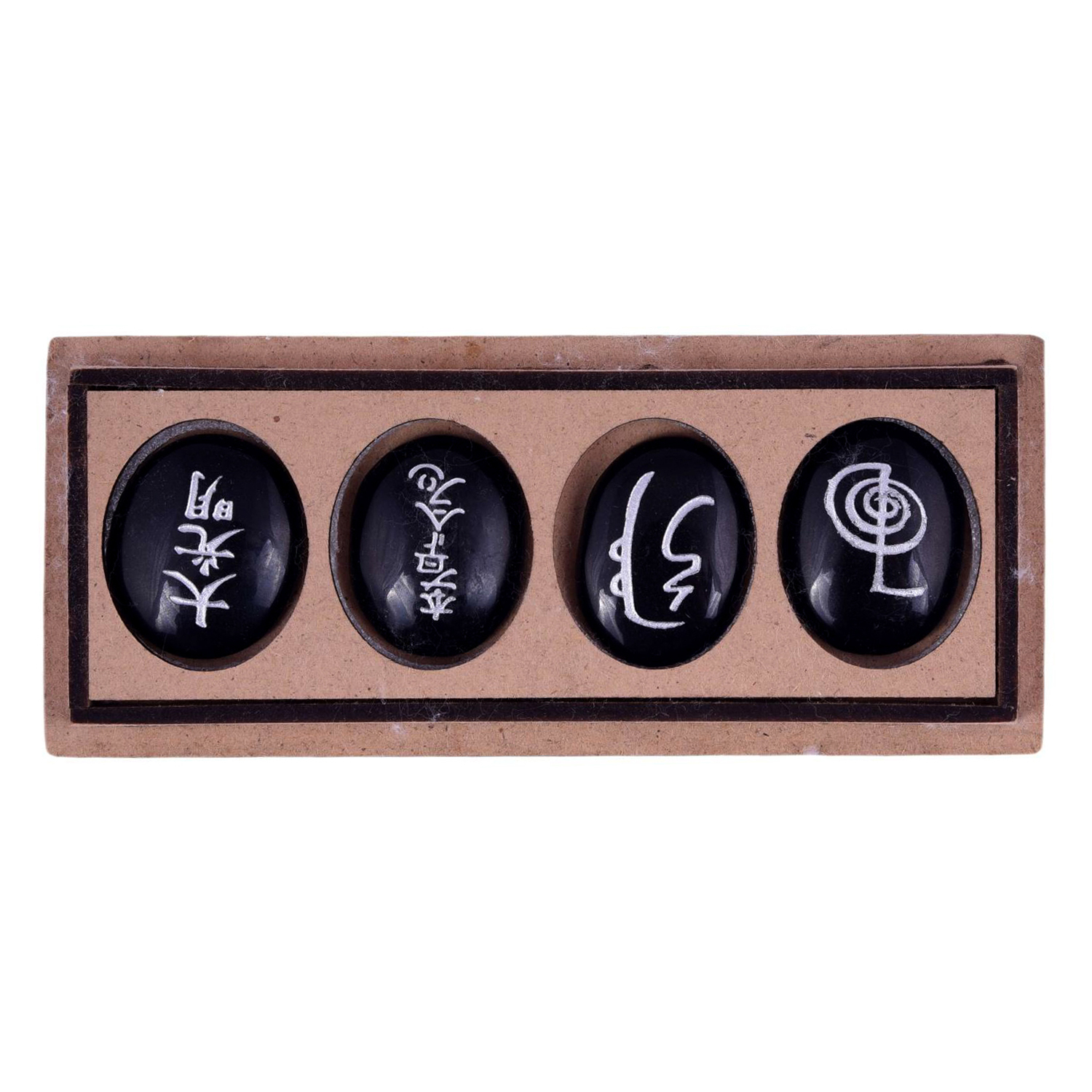 Set of 4 Reiki Symbol Engraved, Black Tourmaline Stone, Oval Shape Usui ...
