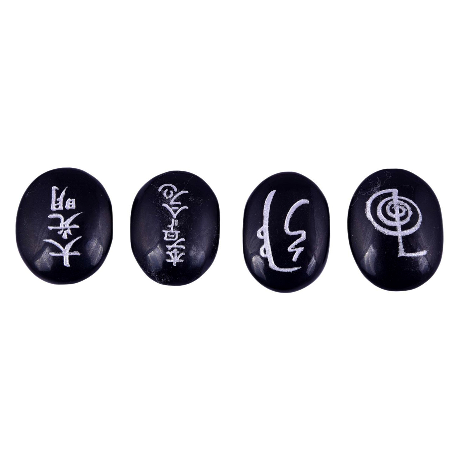 Set of 4 Reiki Symbol Engraved, Black Tourmaline Stone, Oval Shape Usui ...
