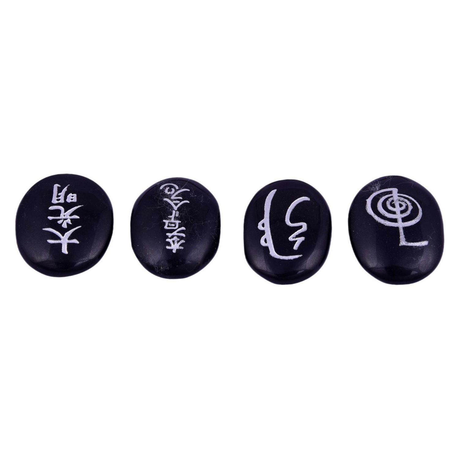 Set of 4 Reiki Symbol Engraved, Black Tourmaline Stone, Oval Shape Usui ...