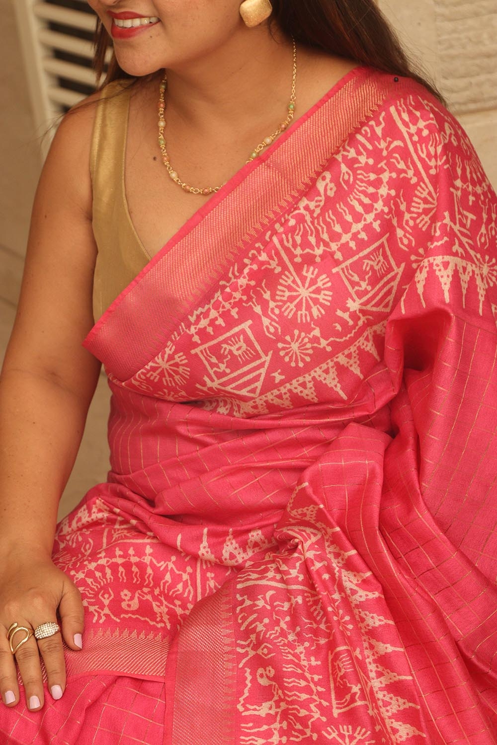 Pink Kota Mangalgiri Silk Saree with Discharge Print | Bhagalpur Silk ...