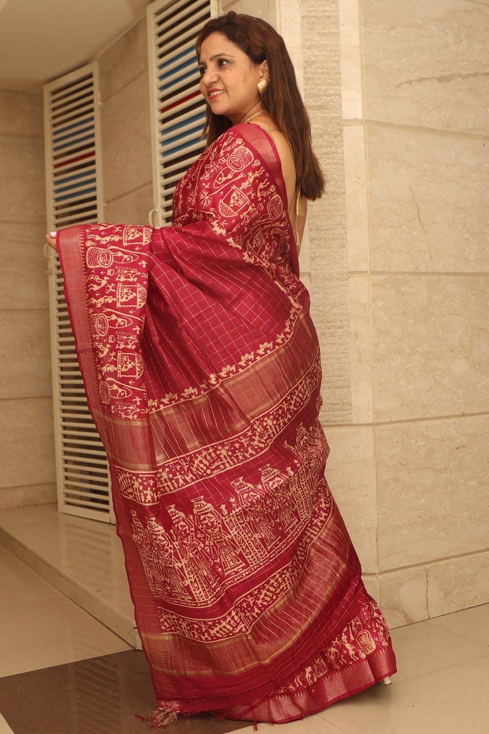 Magenta Kota Mangalgiri Silk Saree with Discharge Print | Silk Corridor ...