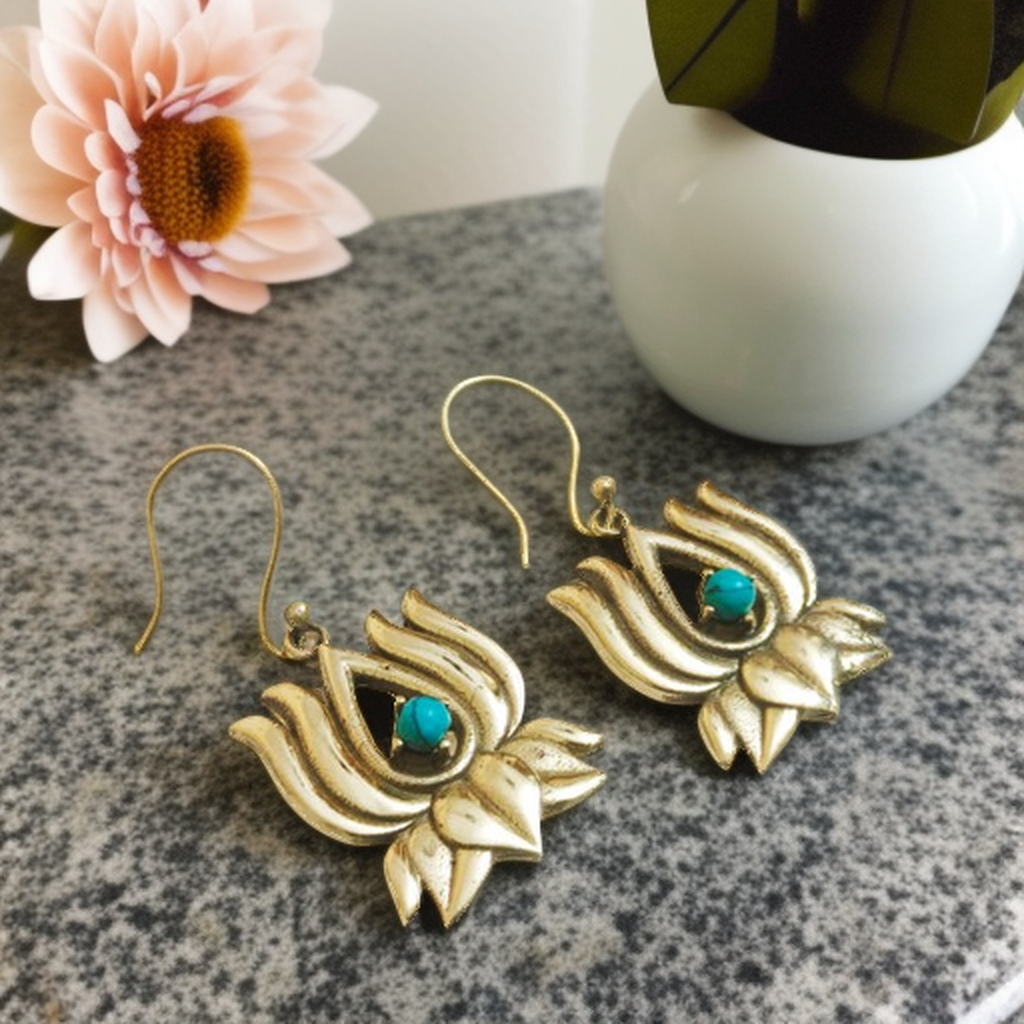 Jamnasha Exports Exquisite Lotus Flower Gold Earrings with Turquoise ...