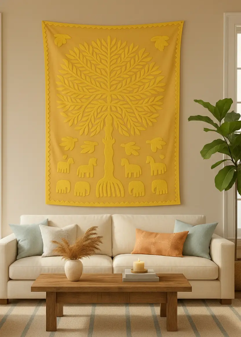 Yellow Applique Wall Tapestry | Tree Motif Wall Hanging